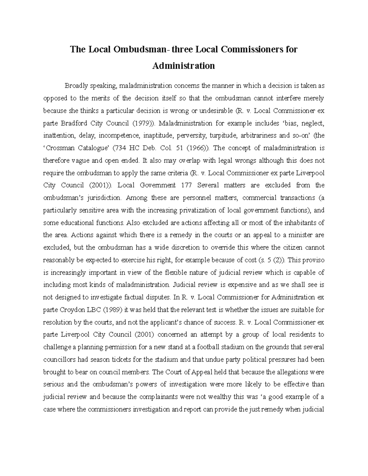 The Local Ombudsman - v. Local Commissioner ex parte Bradford City ...