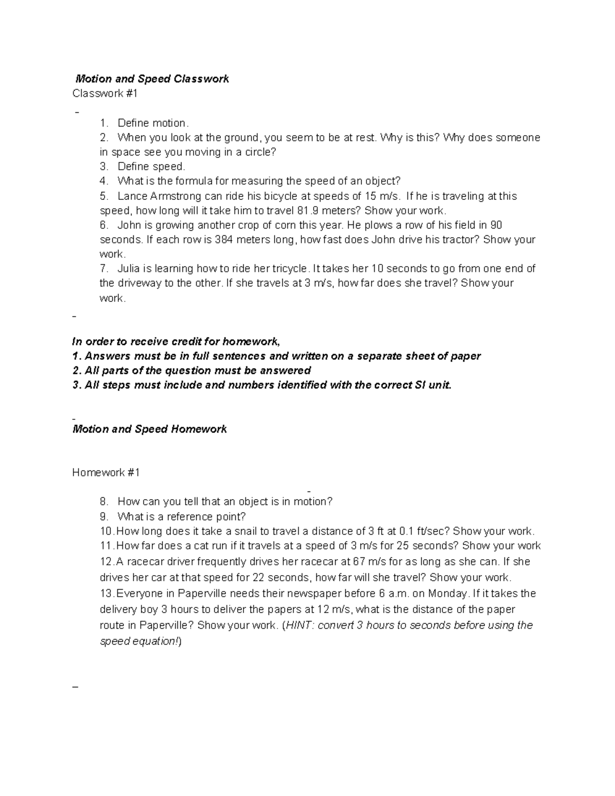 Motion and Speed Classwork Homework #1 - Motion and Speed Classwork Classwork # Define motion ...