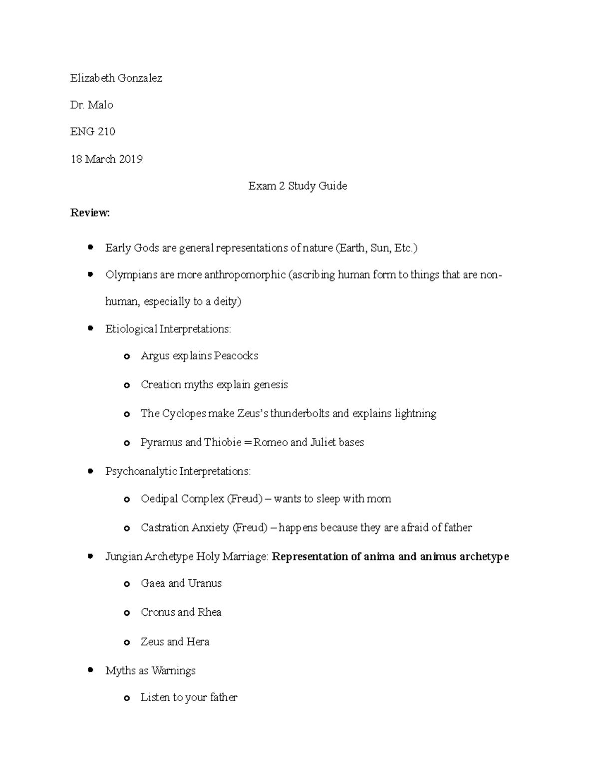 ENG 210 Exam 2 Study Guide - Elizabeth Gonzalez Dr. Malo ENG 210 18 ...