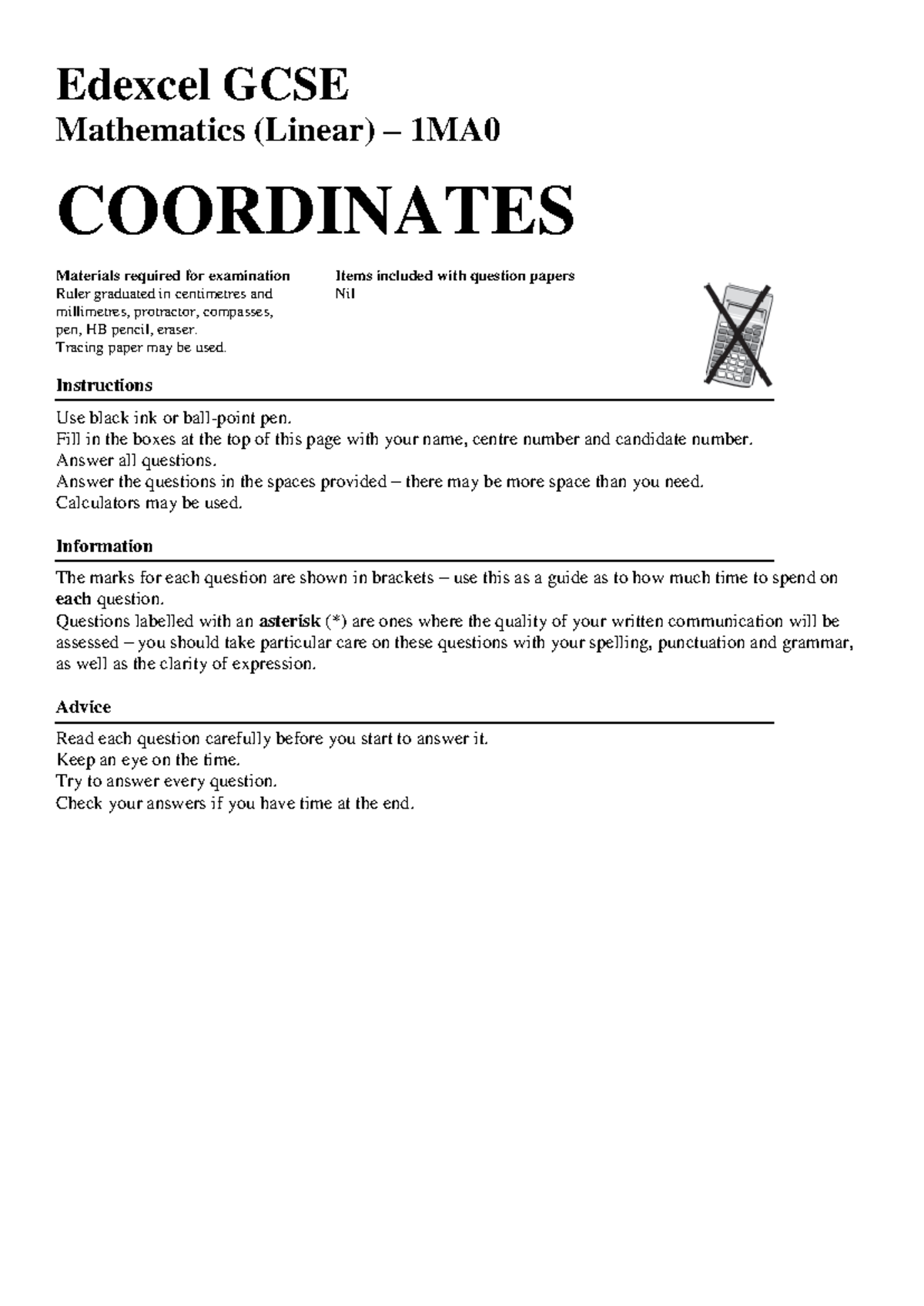 14 coordinates - Edexcel GCSE Mathematics (Linear) – 1MA COORDINATES ...