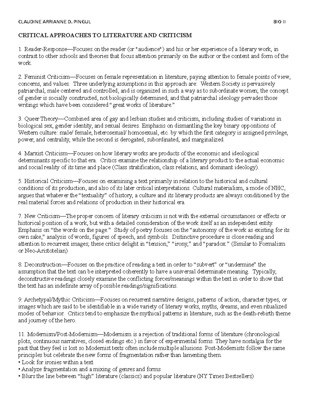 Phi Lit Homework 1 Literature - CRITICAL APPROACHES TO LITERATURE AND ...