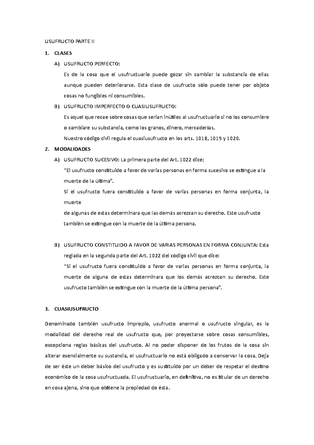 Usufructo Parte II - Apuntes de derecho - USUFRUCTO PARTE II 1. CLASES ...