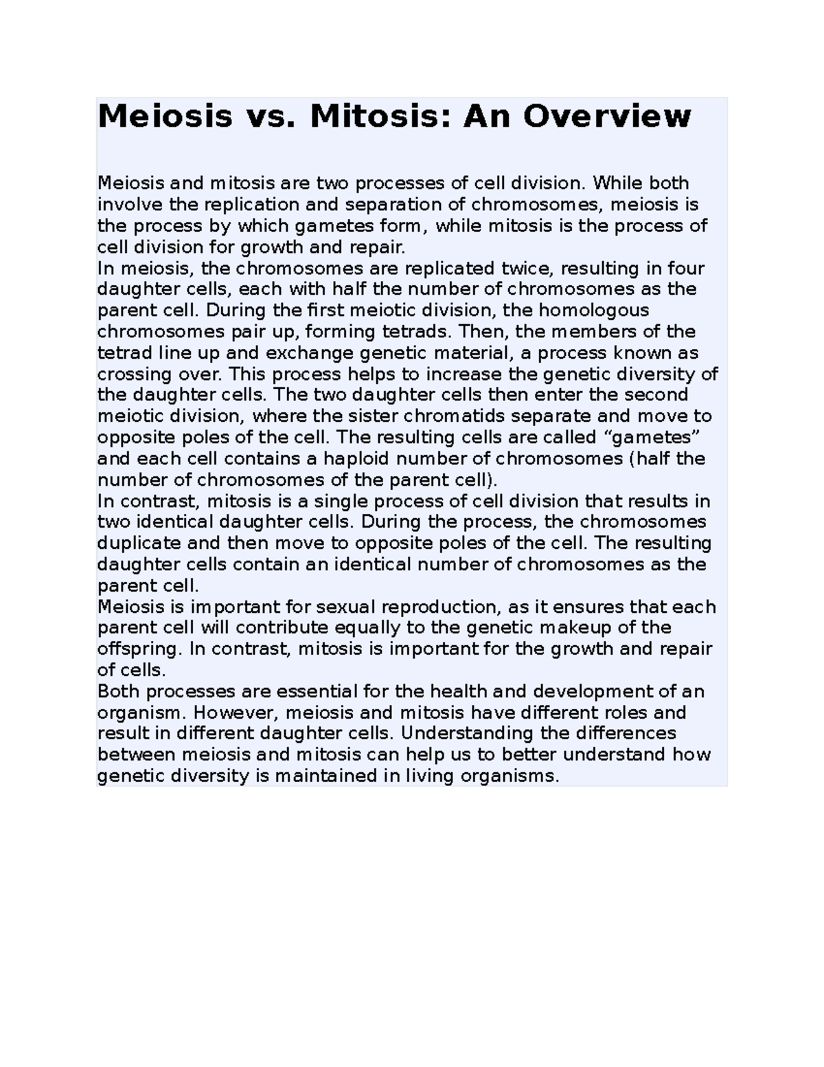 Meiosis vs Mitosis - Meiosis vs. Mitosis: An Overview Meiosis and ...