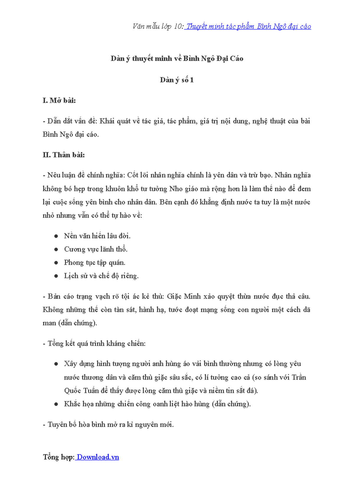Thuyet minh ve binh ngo dai cao - Dàn ý thuyết minh về Bình Ngô Đại Cáo Dàn ý số 1 I. Mở bài ...