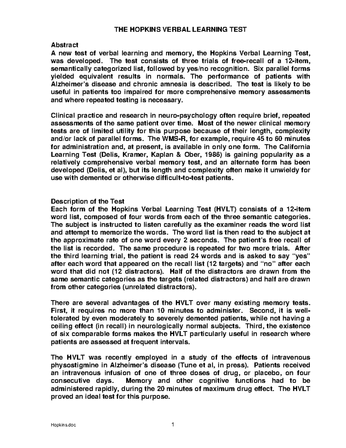 Hopkins-1 - Questionnaire - THE HOPKINS VERBAL LEARNING TEST Abstract A ...