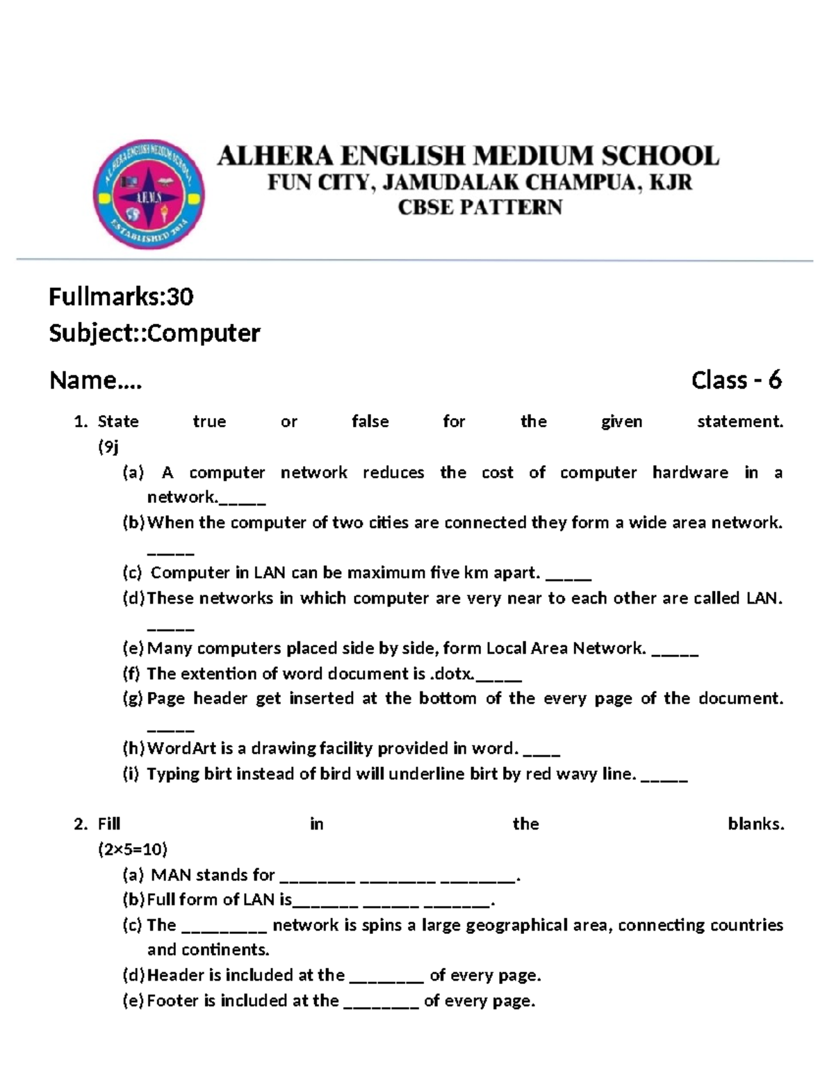 Question paper (computer) class 6 - Fullmarks: Subject::Computer Name ...