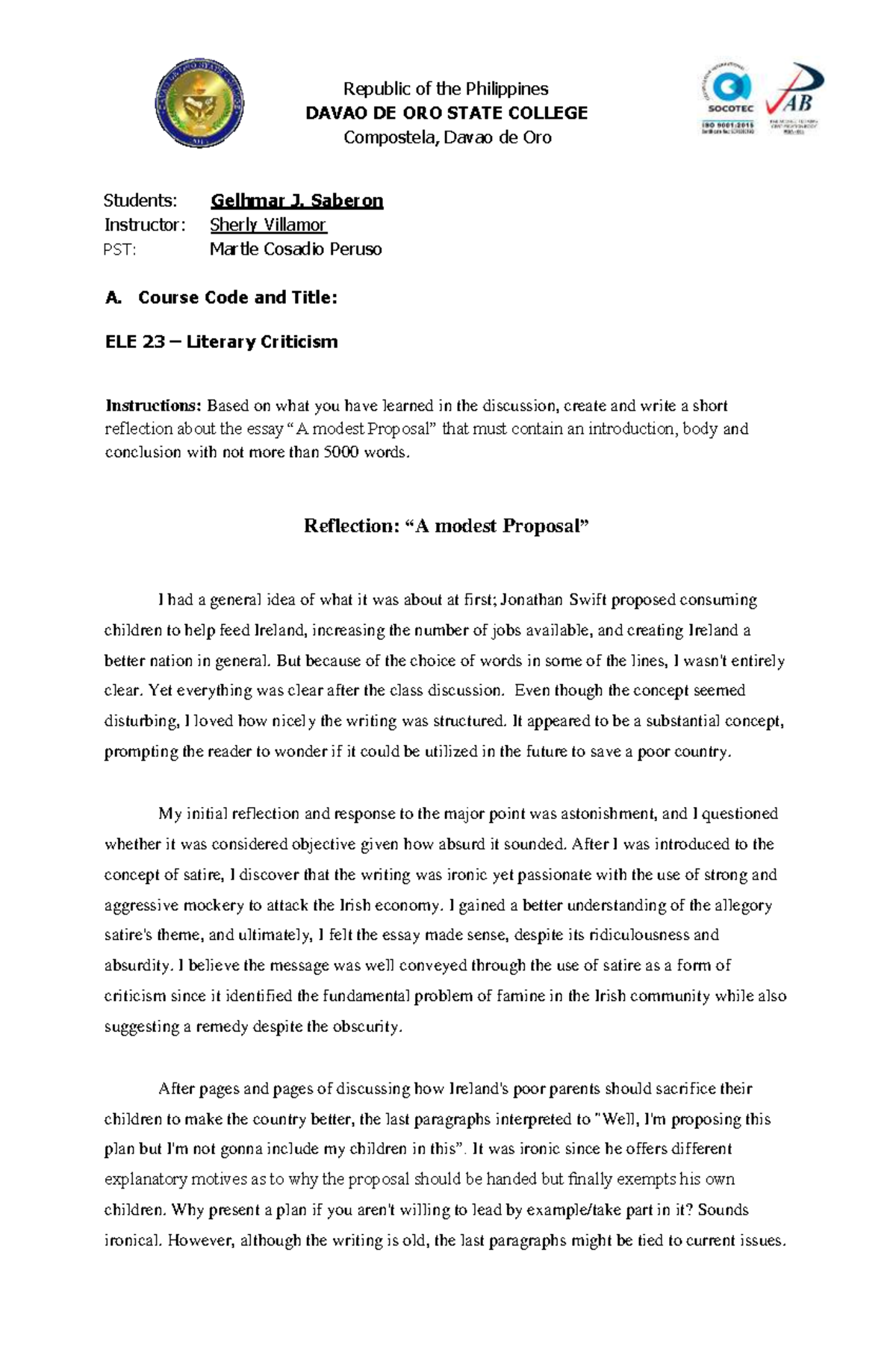 Saberon ELE23 Short Reflection - Republic of the Philippines DAVAO DE ...