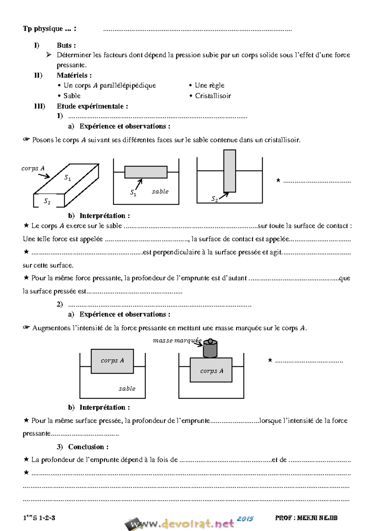 Cours - Physique - Pression - 1ère AS (2014-2015 ) Mr Mekni Nejib - 1 ére S 1-2-3 PROF : MEKNI ...