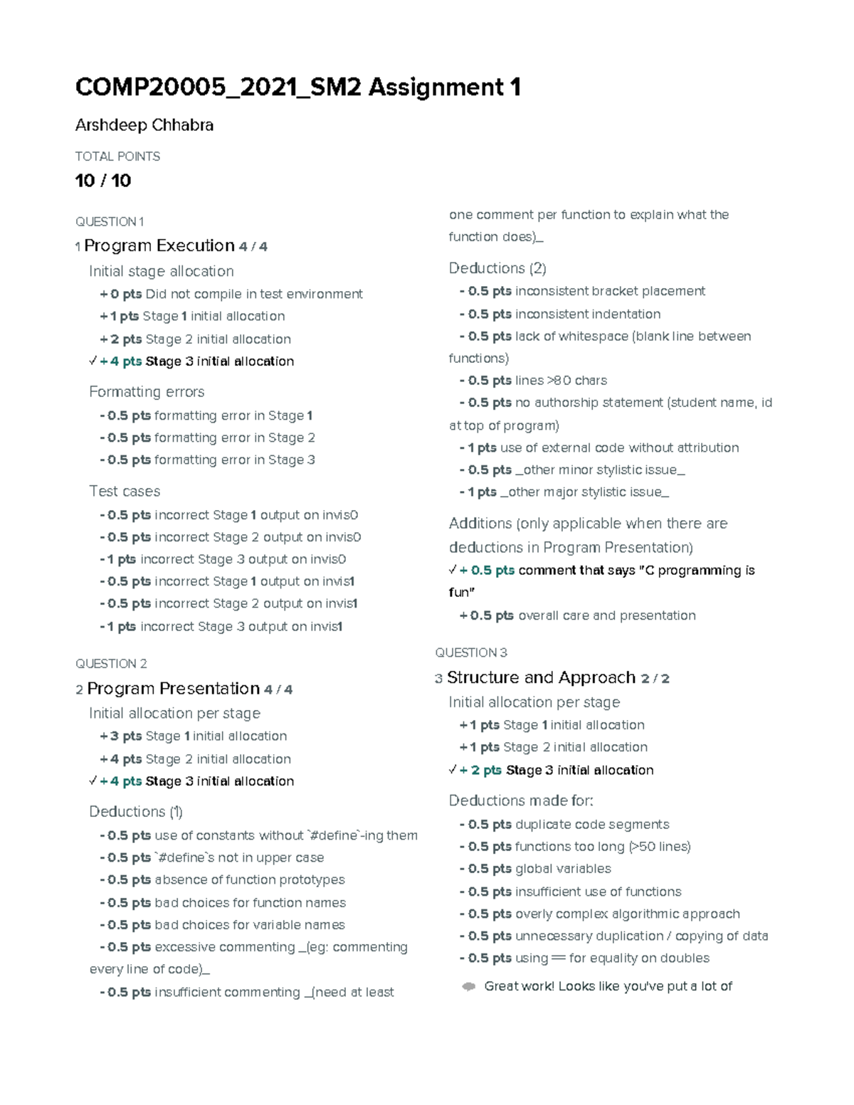 Assignment 1 Rubric Comp20005 2021 Sm2 Assignment 1 Arshdeep Chhabra Total Points 10 10