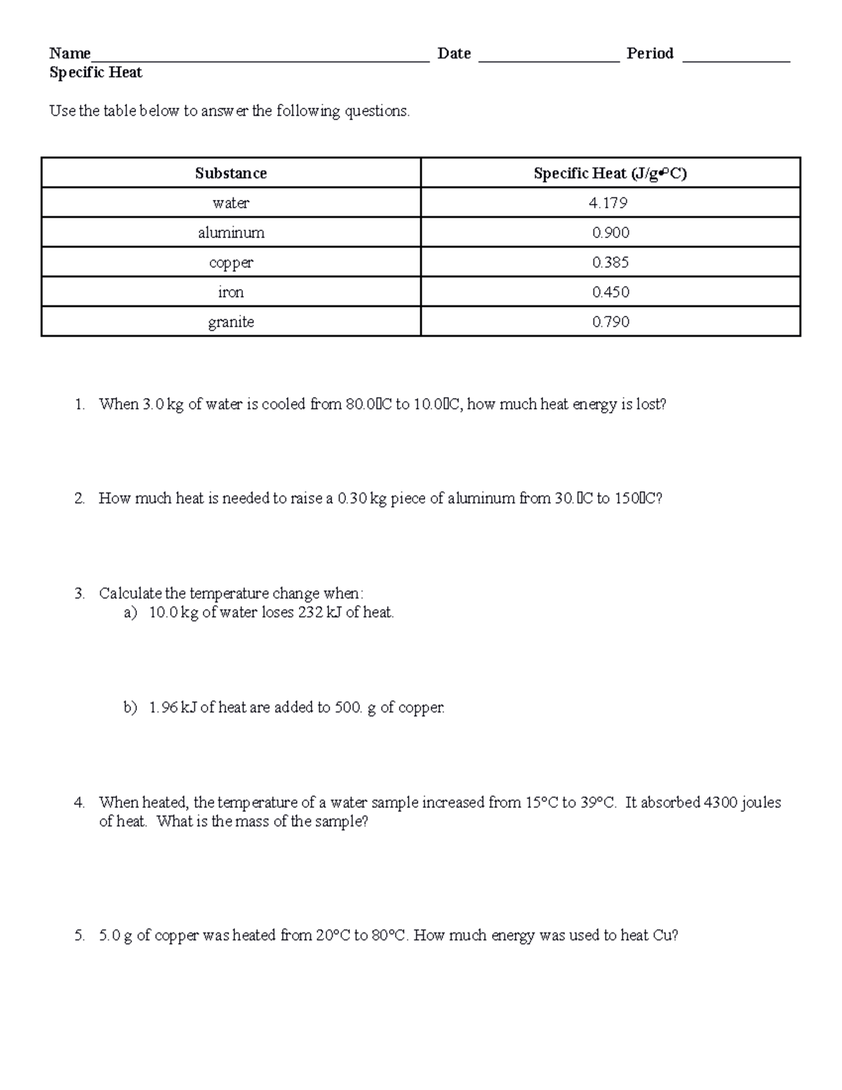 Specific Heat Worksheet - Studocu