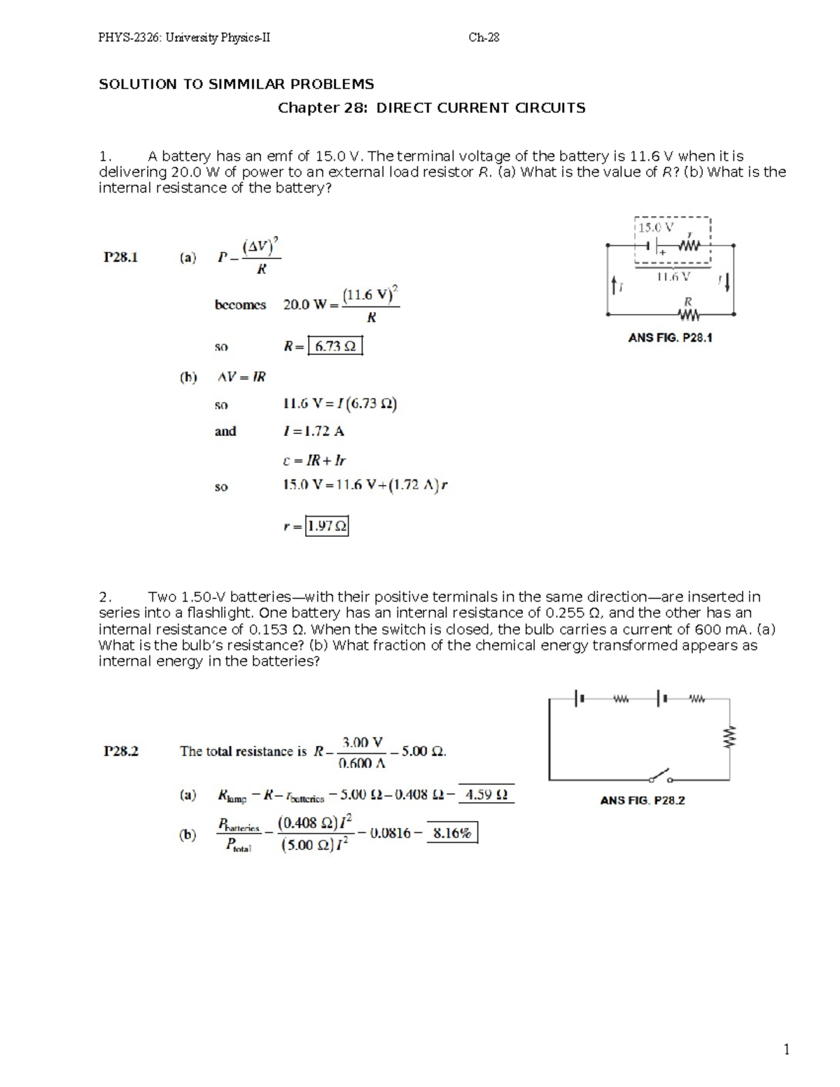 UP2-HW-ch-28-S-Direct Current Circuits - SOLUTION TO SIMMILAR PROBLEMS Chapter 28: DIRECT ...