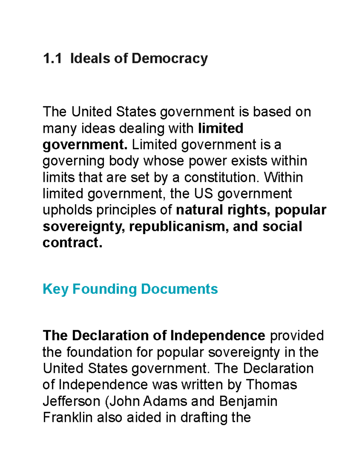 ap gov Unit 1.1 - 1 Ideals of Democracy The United States government is ...