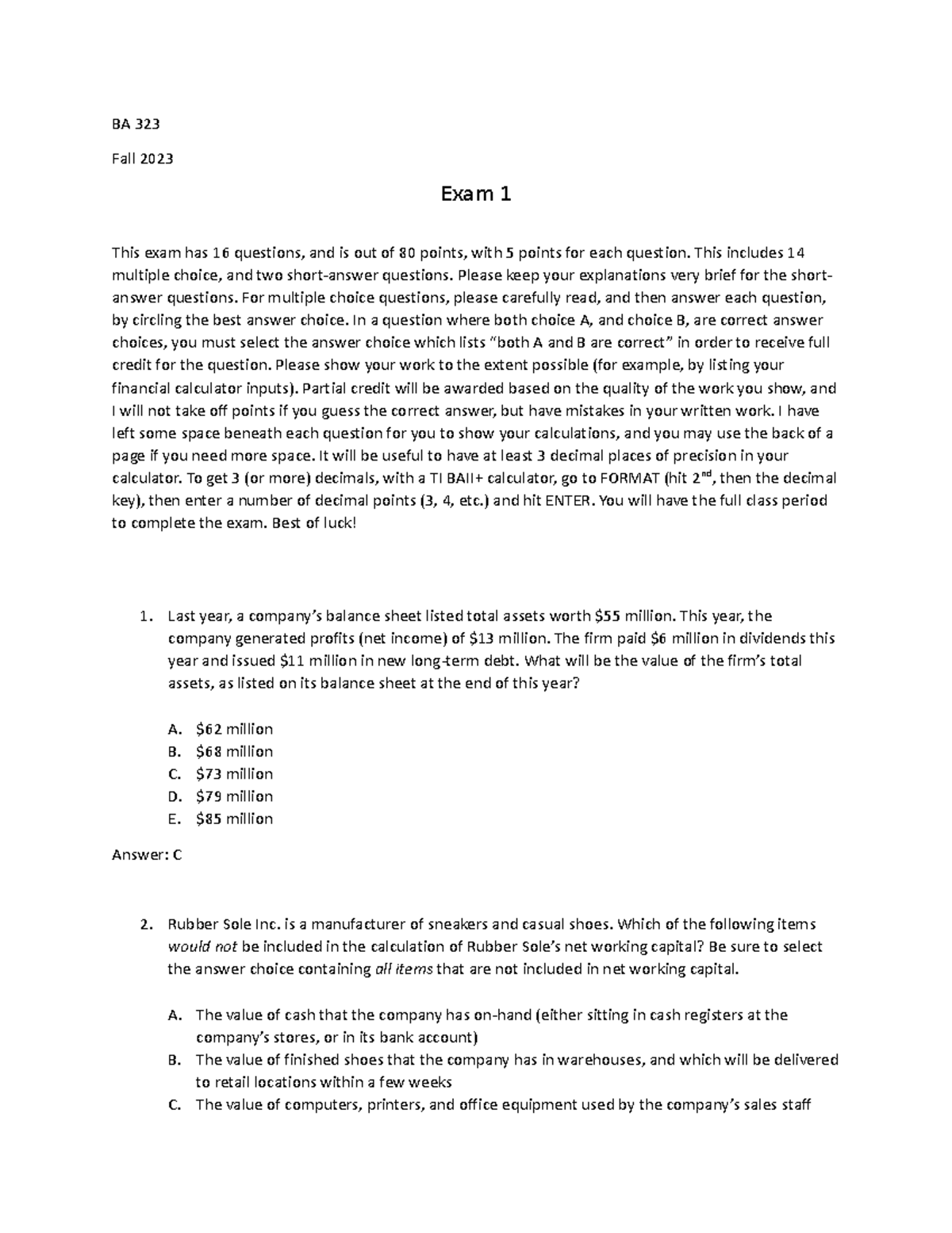 BA 323 Exam 1 Answer Key for Corrections - BA 323 Fall 2023 Exam 1 This exam has 16 questions ...
