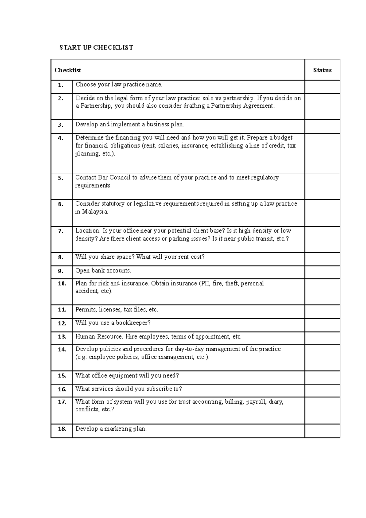 Firm checklists - START UP CHECKLIST Checklist Status 1. Choose your ...