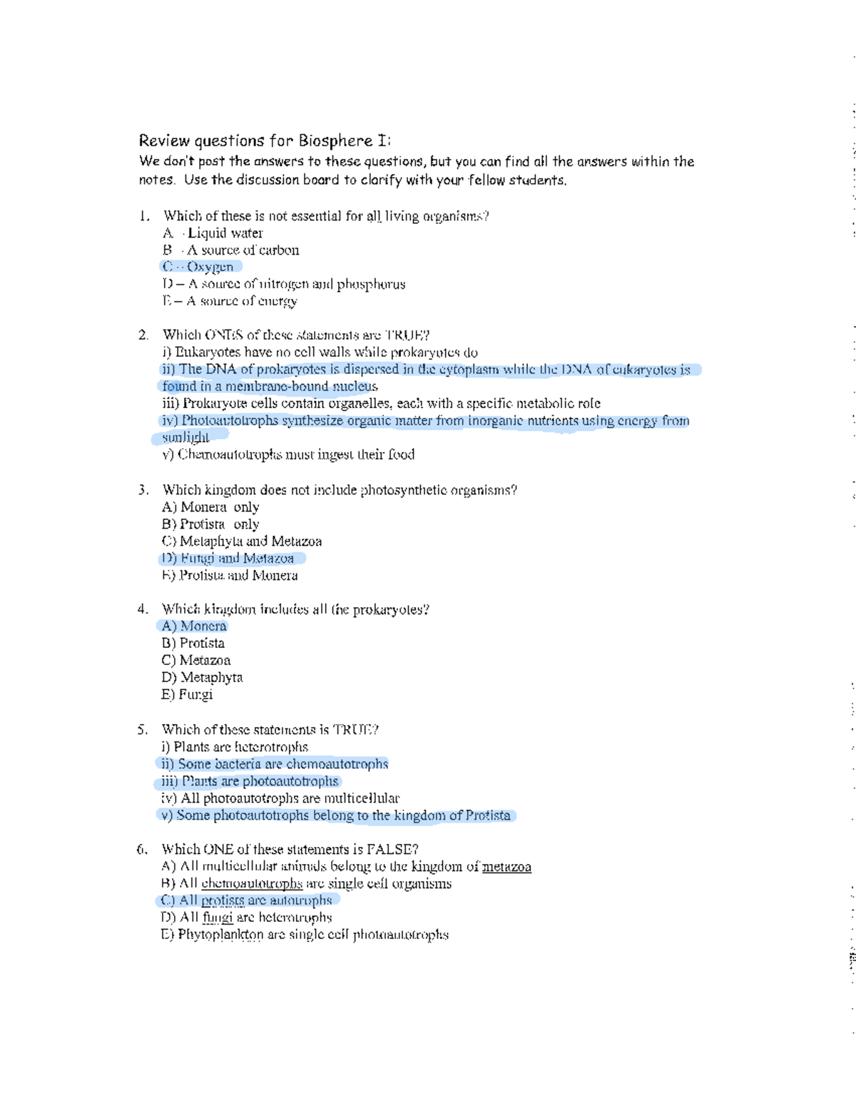 Biosphere I Completed Study Questions - Eos340 - Studocu