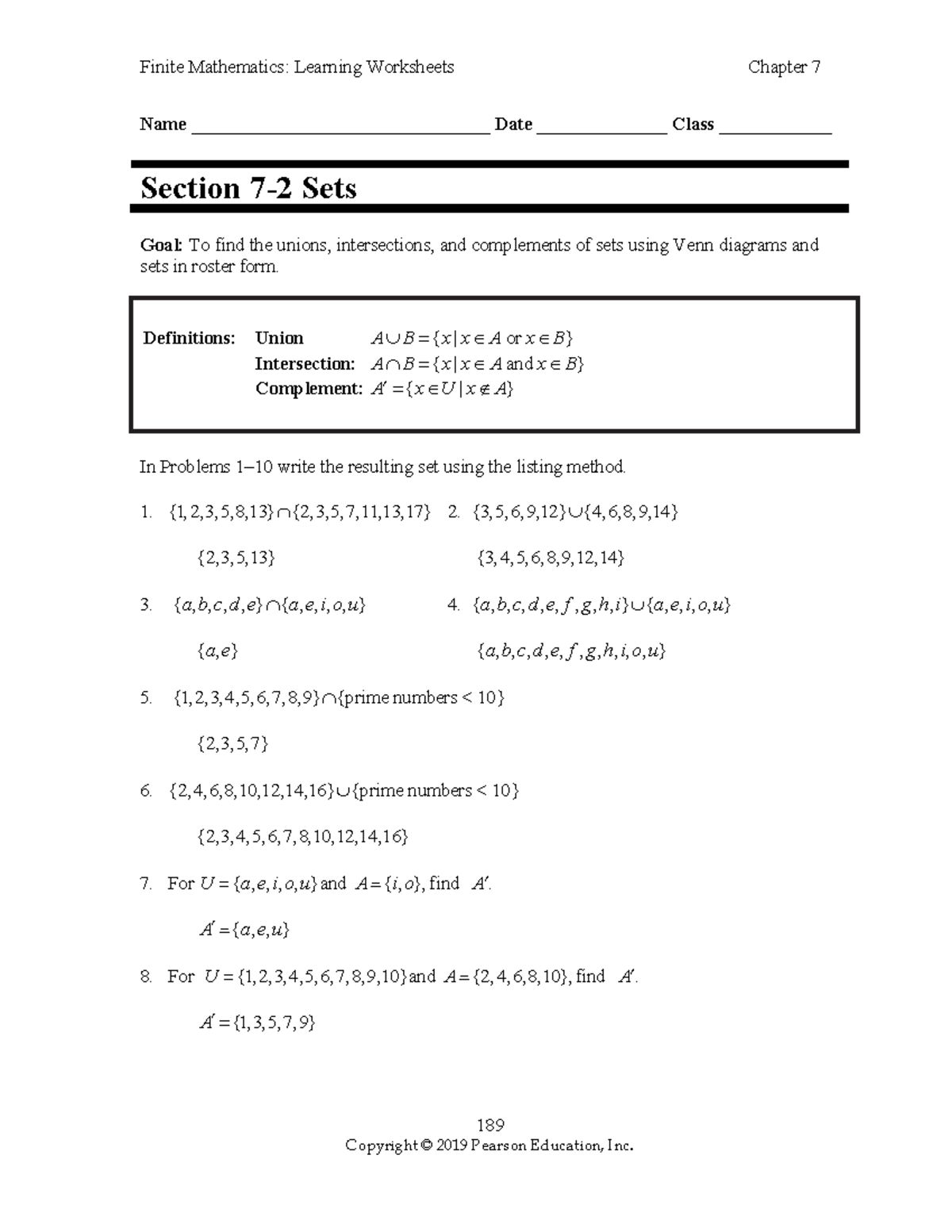7.2 answers - Unions, intersections, and complements of sets practice ...