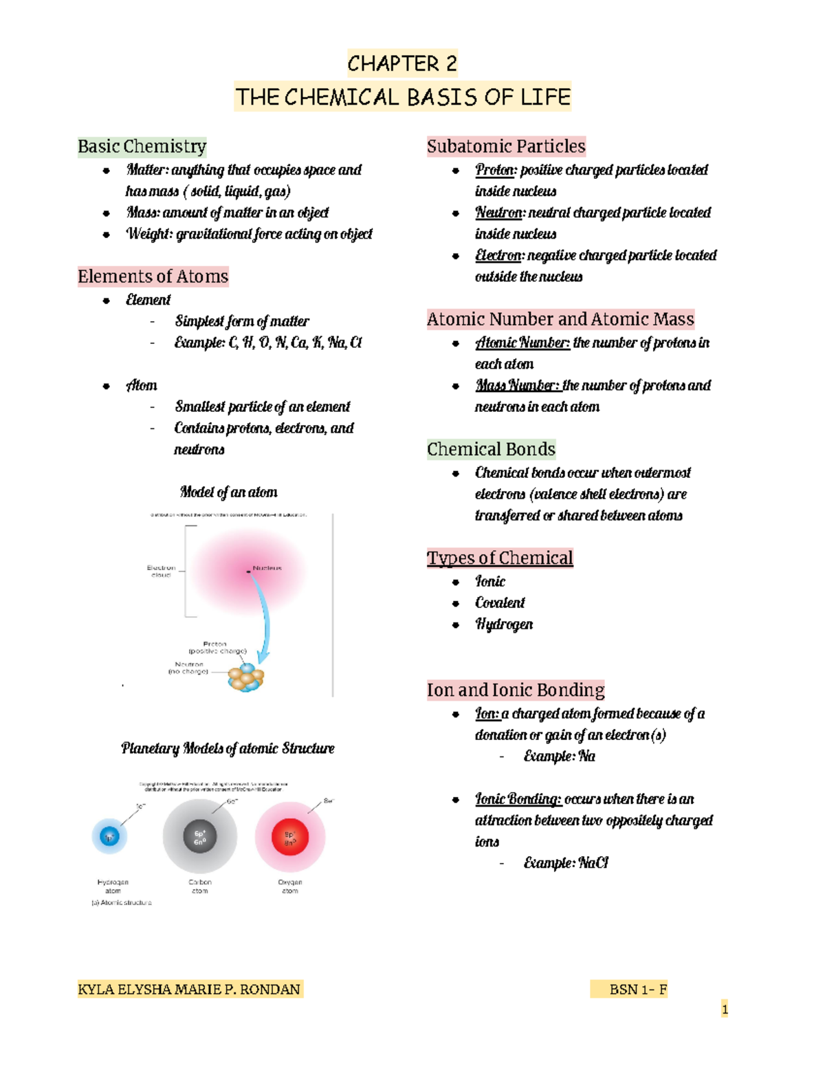 Anaphy Chapter 2 - notes - THE CHEMICAL BASIS OF LIFE Basic Chemistry ...