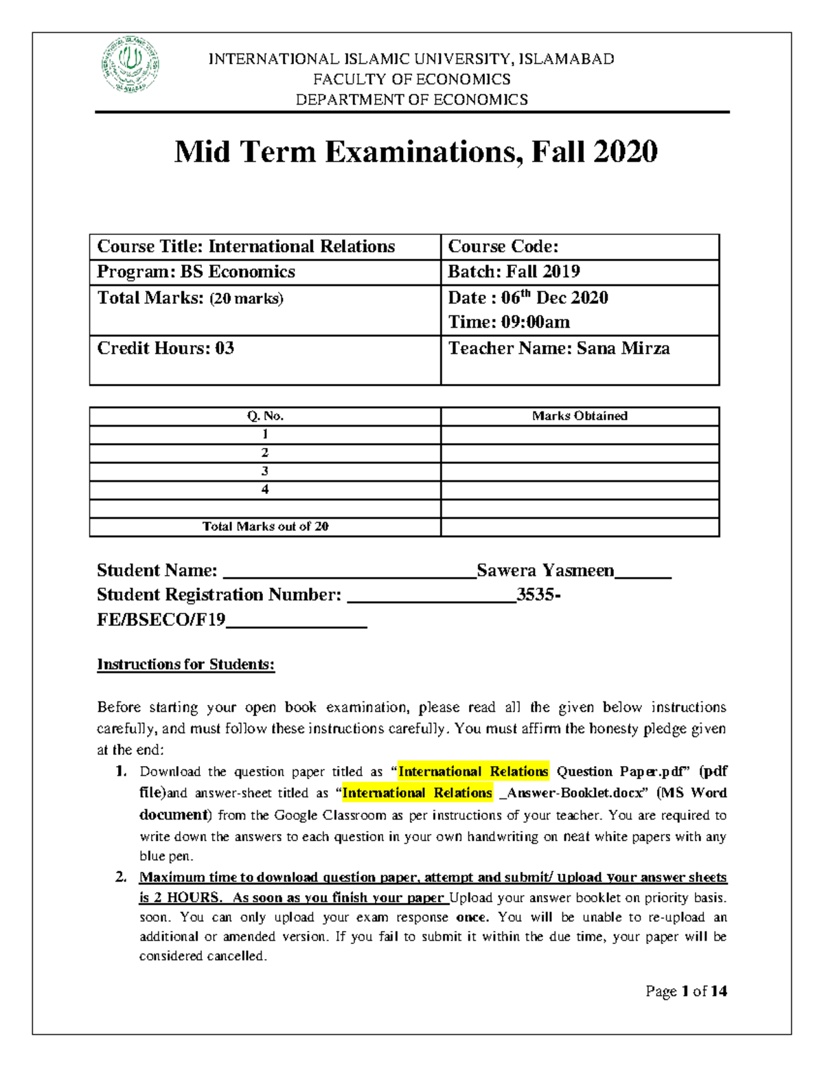 Exam 2020, questions and answers - FACULTY OF ECONOMICS DEPARTMENT OF ...