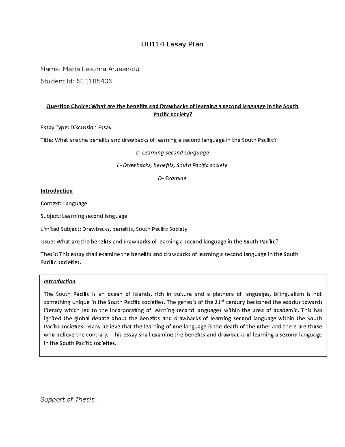 UU114 Essay Plan - UU114 Essay Plan Name: Maria Lesuma Arusanotu ...