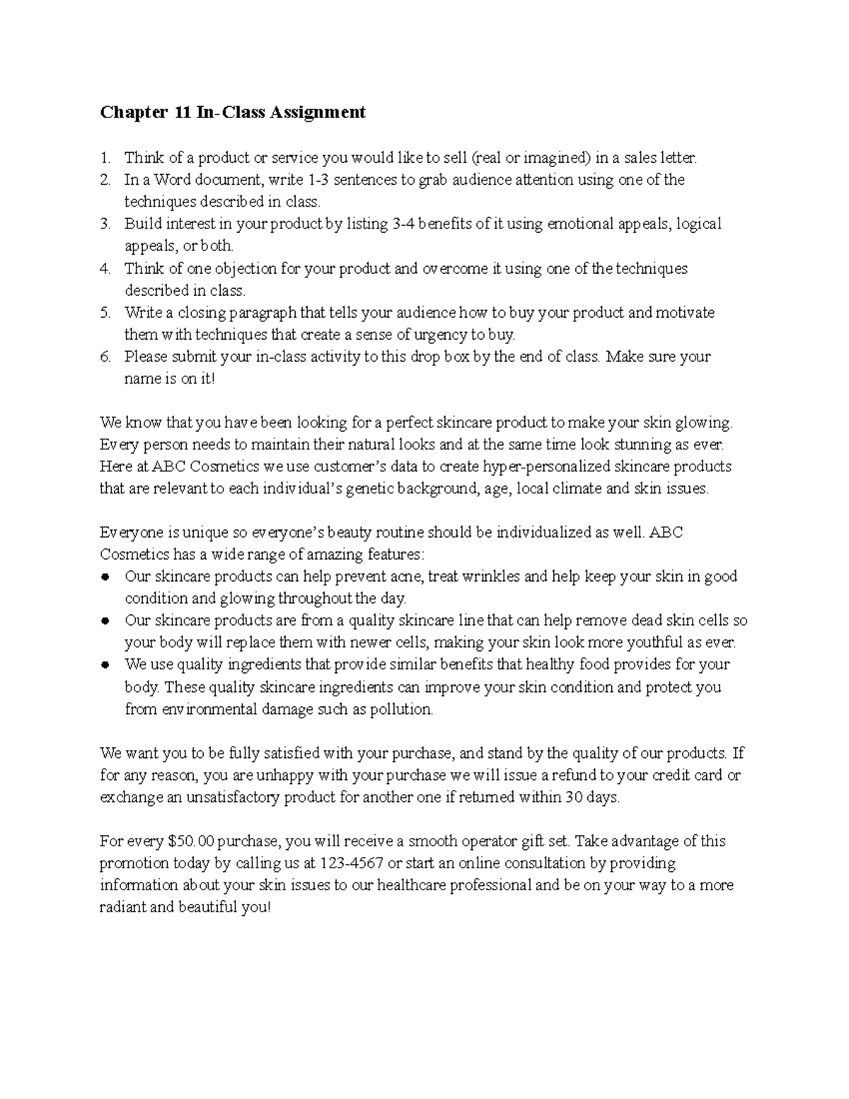 BA 205 - Chapter 11 Assignment - Chapter 11 In-Class Assignment Think of a product or service ...