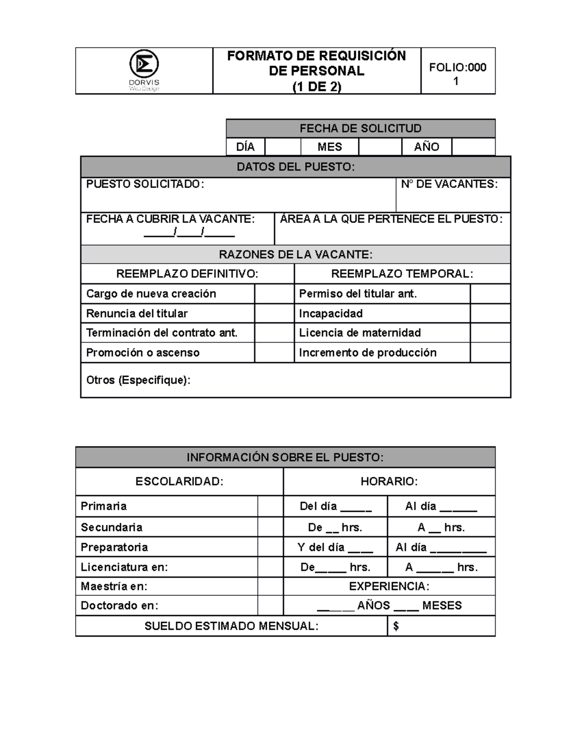 Formato DE Requisicion - FORMATO DE REQUISICIÓN DE PERSONAL (1 DE 2 ...