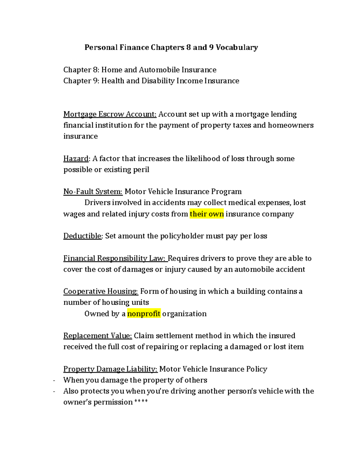 Personal Finance Chapters 8 and 9 Vocabulary - Personal Finance ...
