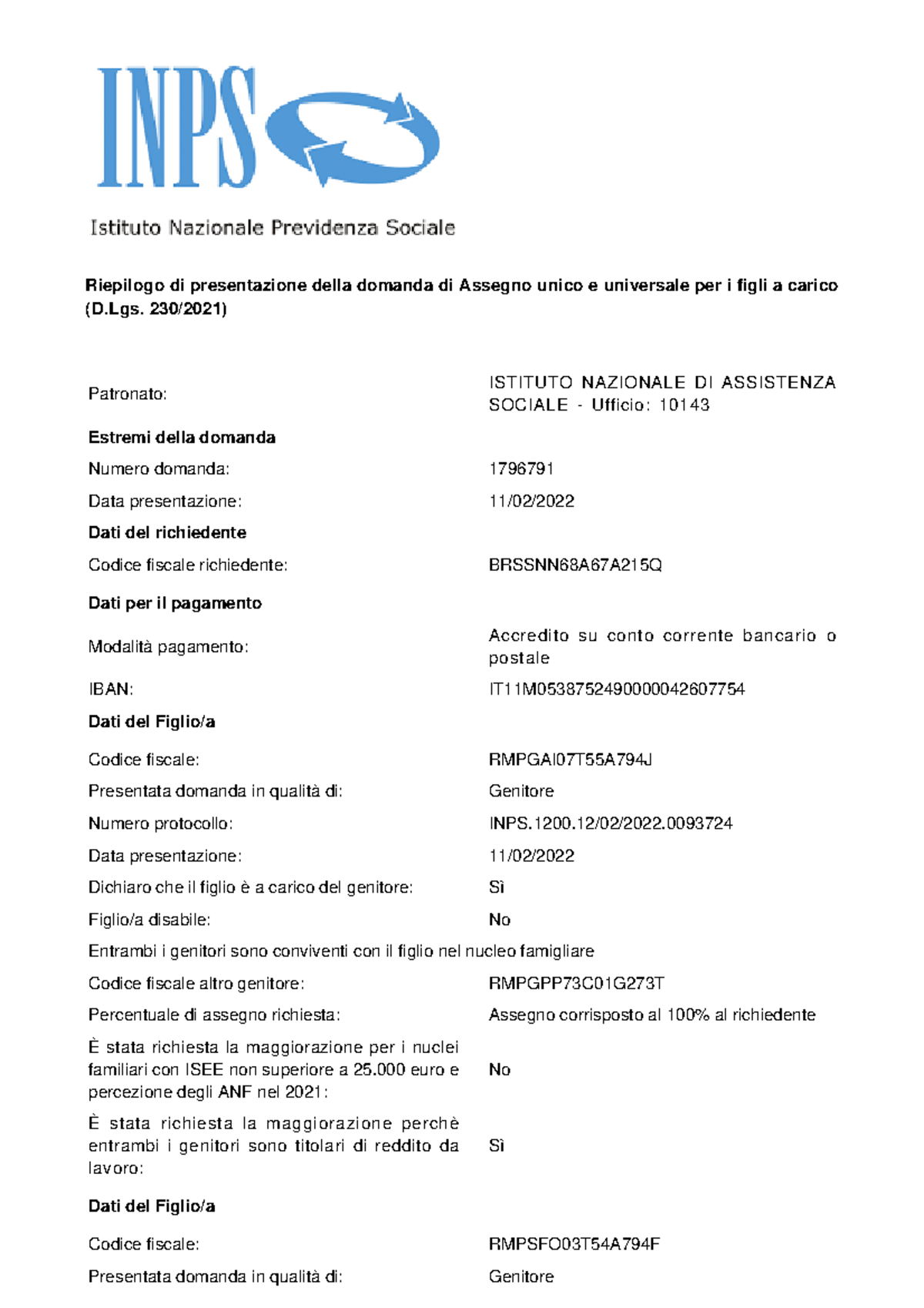 Riepilogo assegno unico - Riepilogo di presentazione della domanda di Assegno unico e universale ...