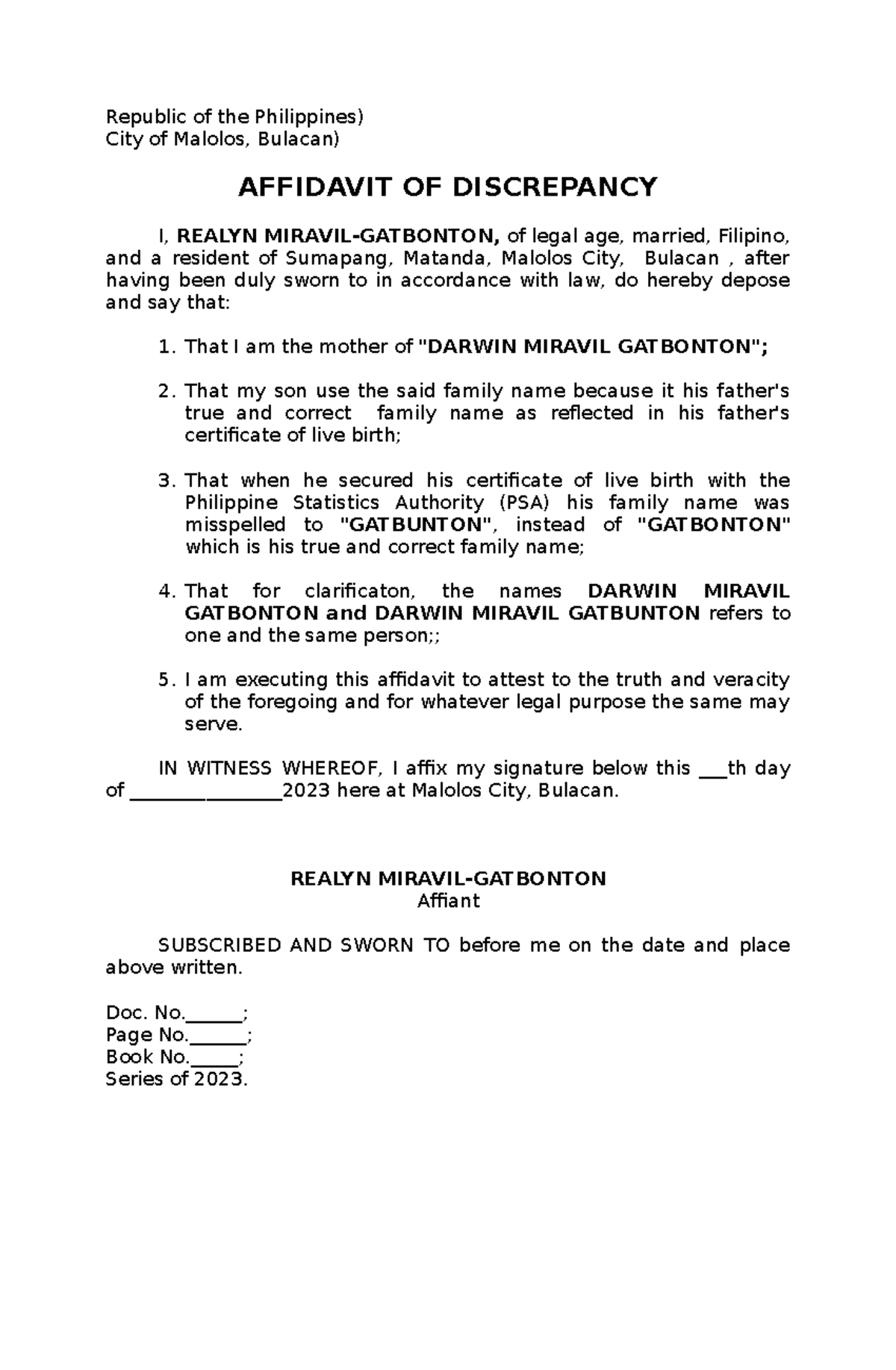 Affidavit OF Discrepancy Halcon Gatbonton - Republic of the Philippines ...