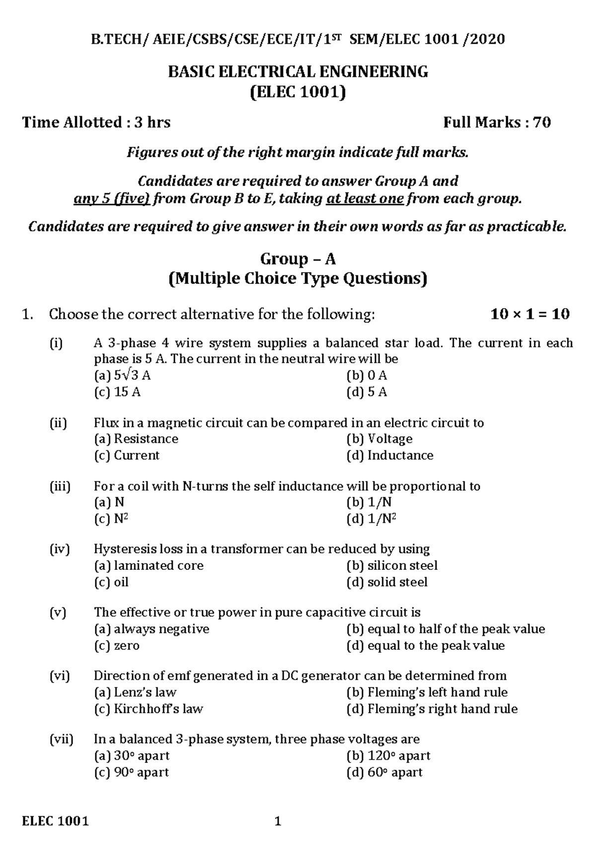 Basic Electrical Engineering (ELEC 1001) 2020 - B/ AEIE/CSBS/CSE/ECE/IT/1ST SEM/ELEC 1001 ...