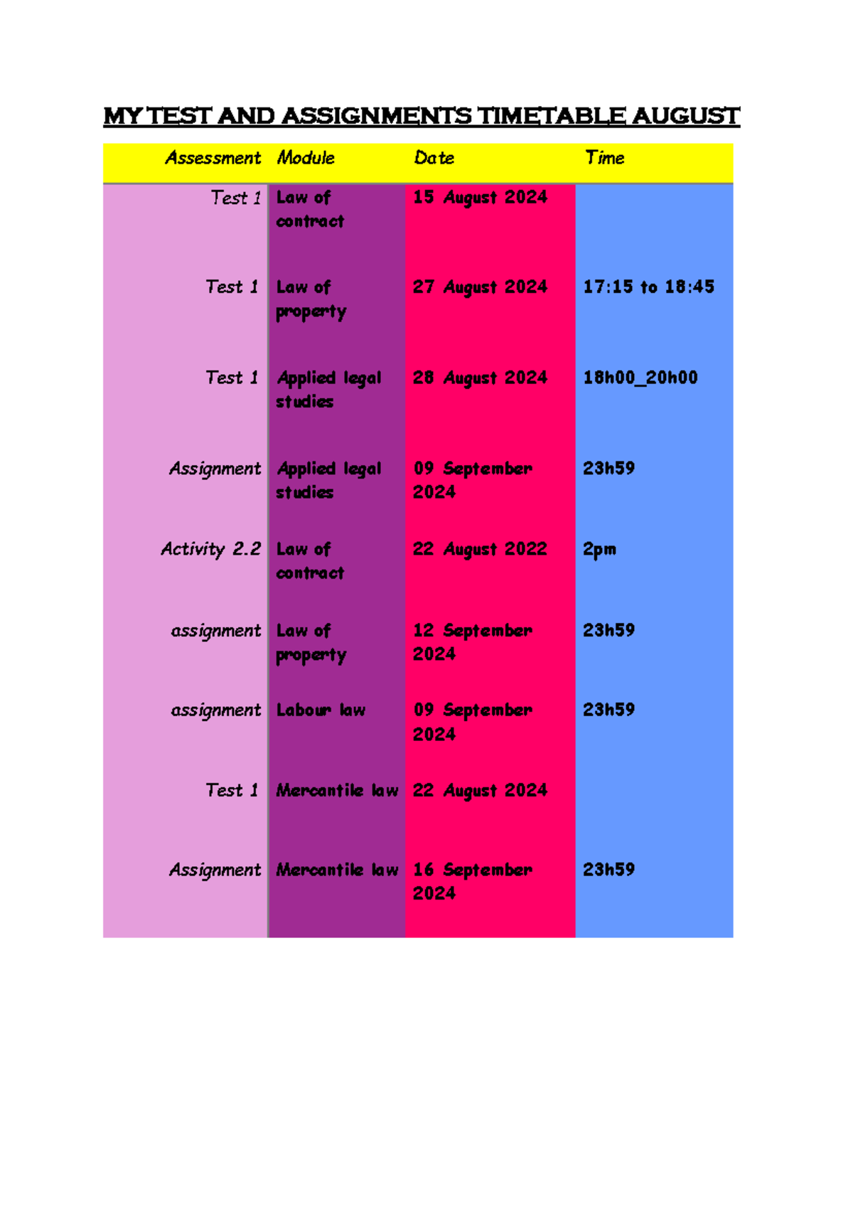 Timetable August - semester 2 - MY TEST AND ASSIGNMENTS TIMETABLE ...