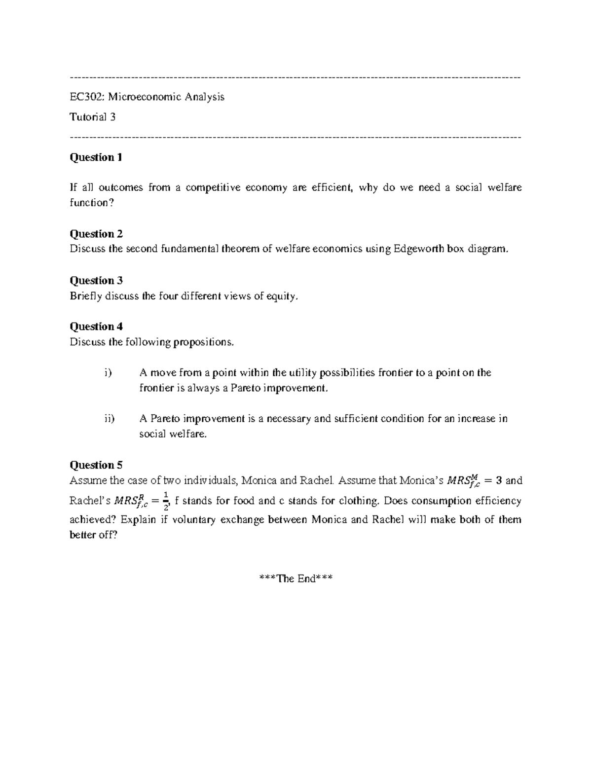 Tutorial 3 - Question - EC302: Microeconomic Analysis Tutorial 3 Question 1 If all outcomes from ...