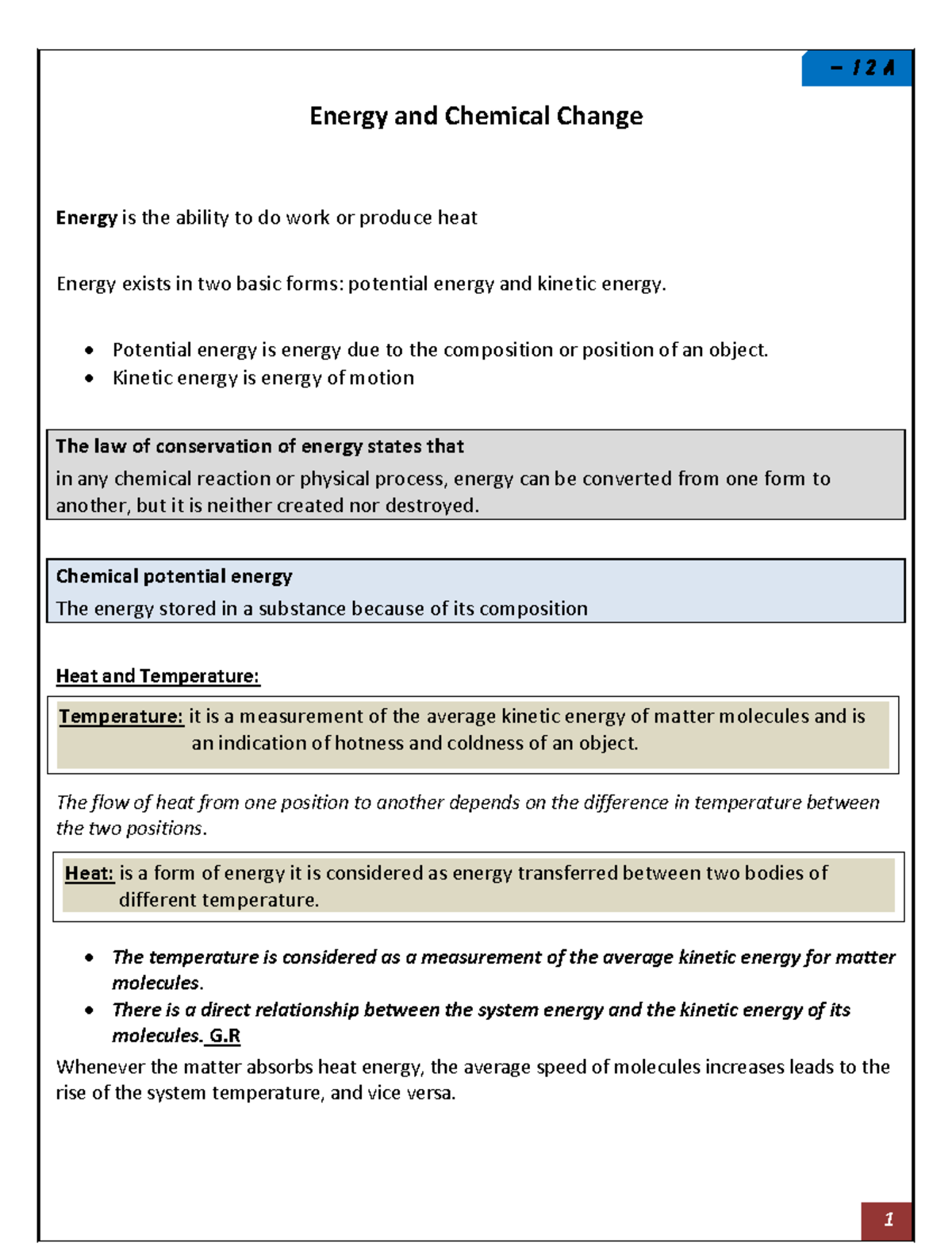 Energy and Chemical Change notes - 1 – 12 A Mr. Adham Zewin Energy and ...