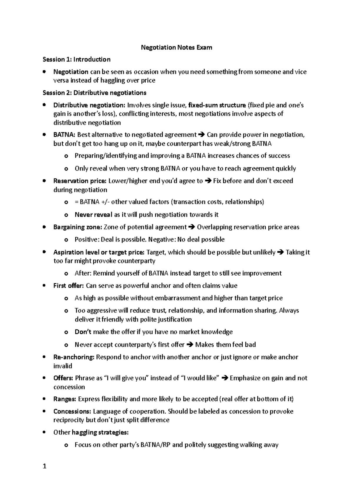 Negotiation Notes Summary - Negotiation Notes Exam Session 1 ...