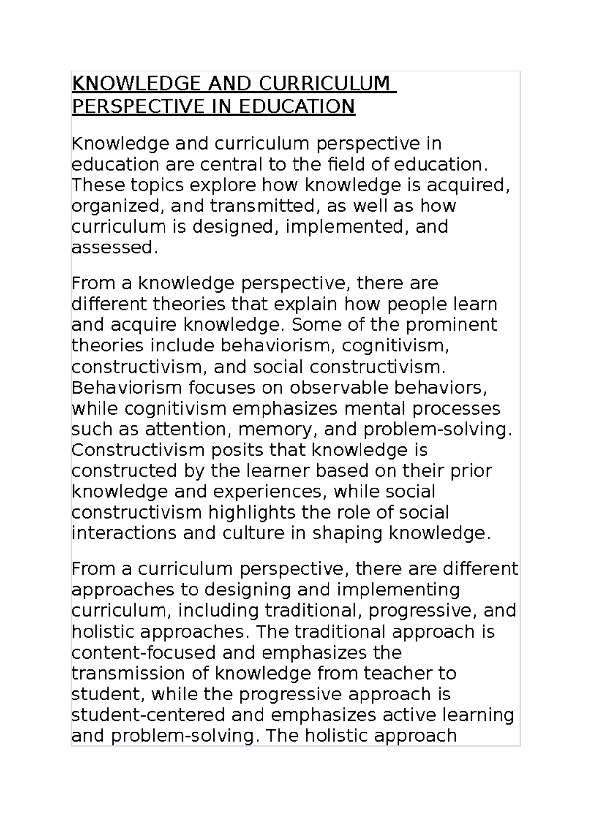 Knowledge and curriculum perspective in education - KNOWLEDGE AND ...