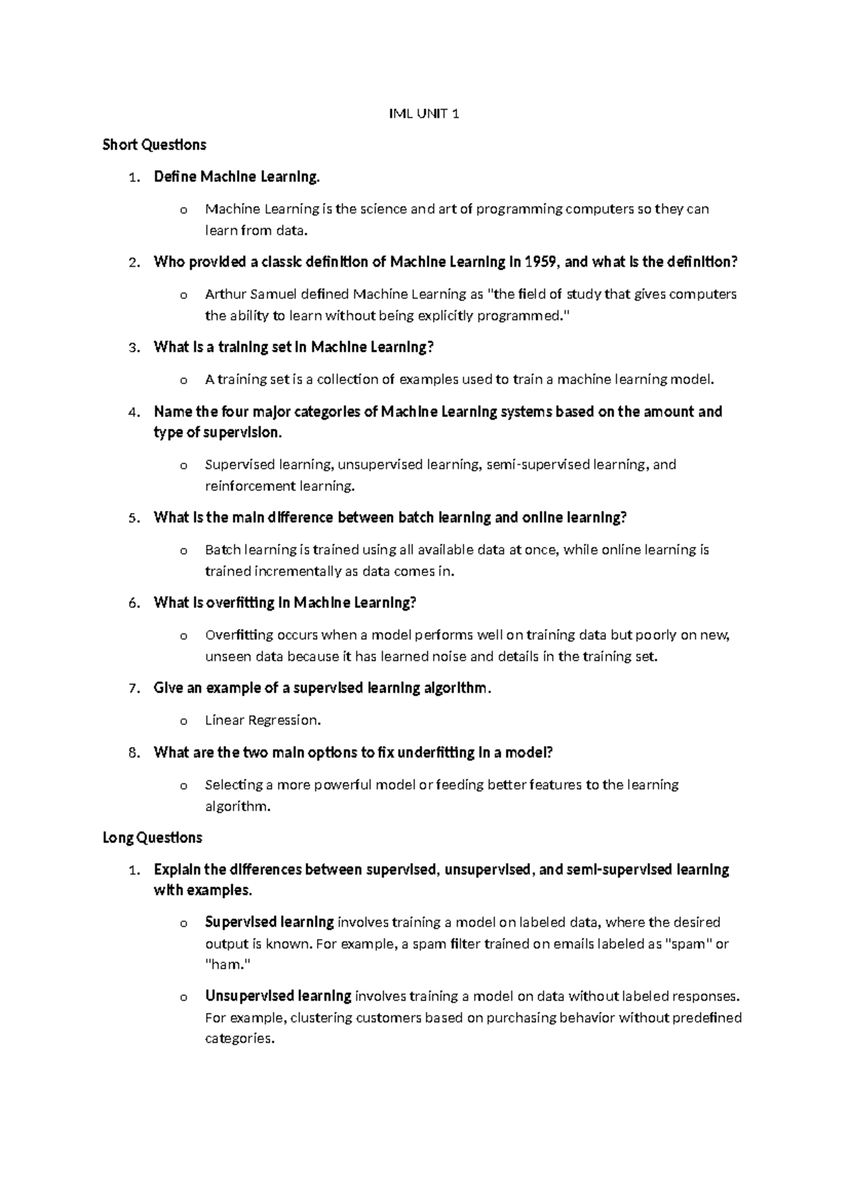 IML UNIT 1 & 2 imp questions - IML UNIT 1 Short Questions 1. Define Machine Learning. o Machine ...