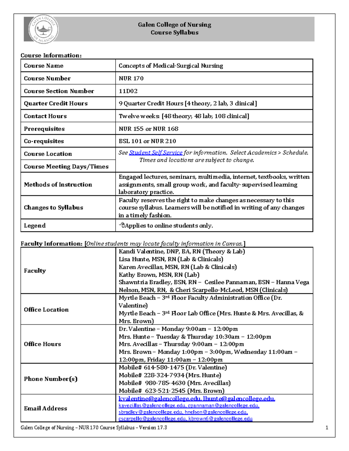 NUR 170 Syllabus Version 17-3 Valentine K 11D02 Fall 2023 - Galen ...