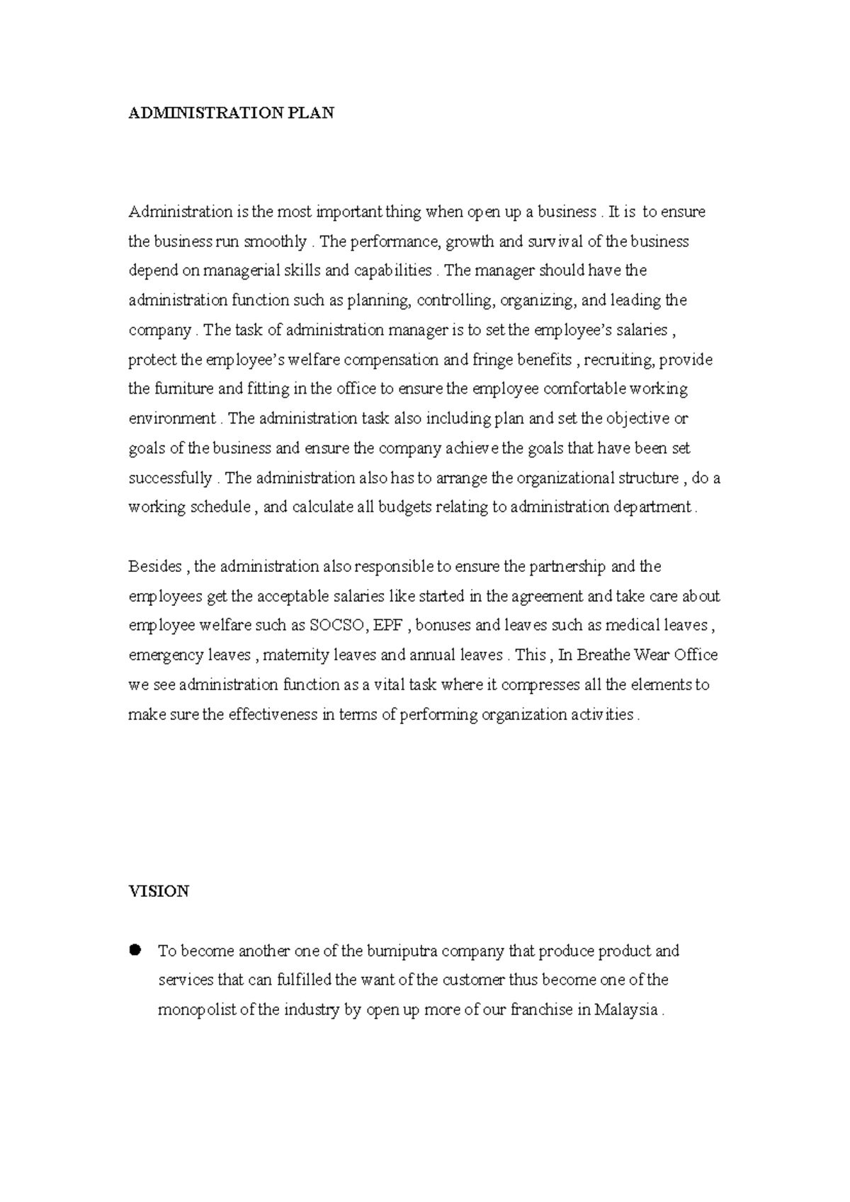 Administration PLAN - ent300 group work - ADMINISTRATION PLAN ...