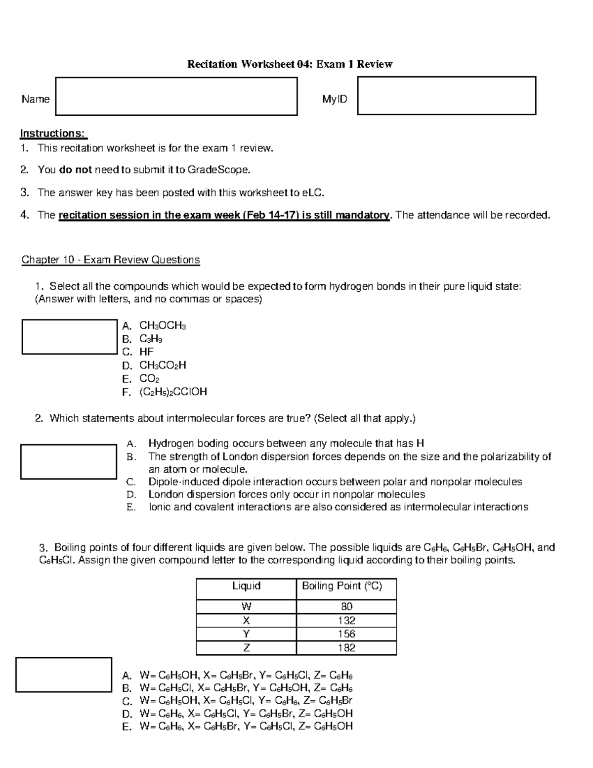 Recitation 4 - Exam 1 Review Recitation Worksheet - Recitation ...