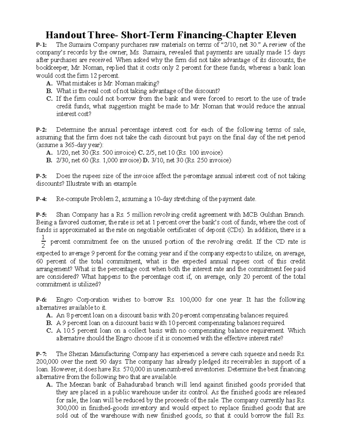 3-Handout Three- Short-Term Financing-Chapter Eleven - ” A review of ...