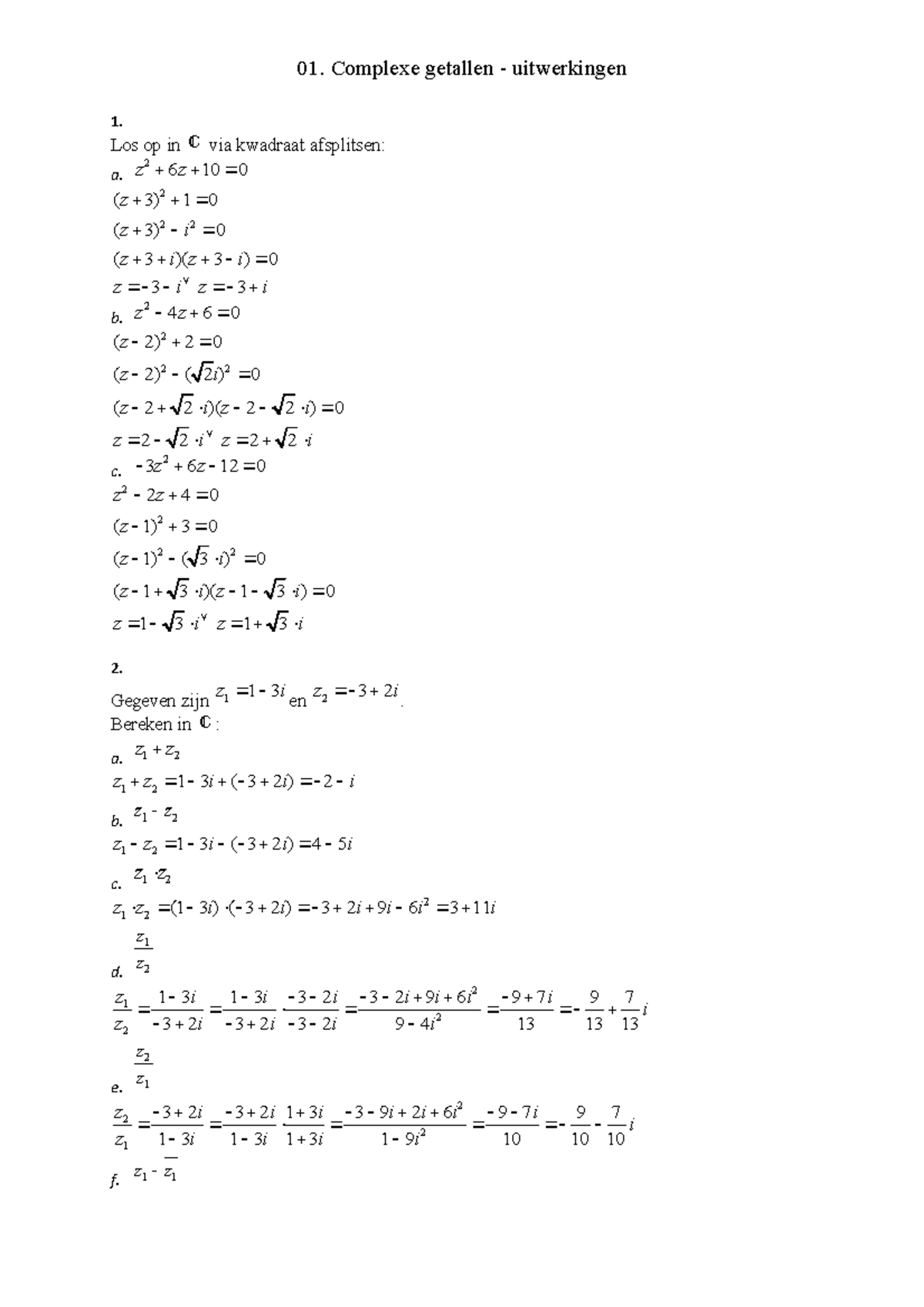 01. Complexe getallen - uitwerkingen - 01. Complexe getallen ...