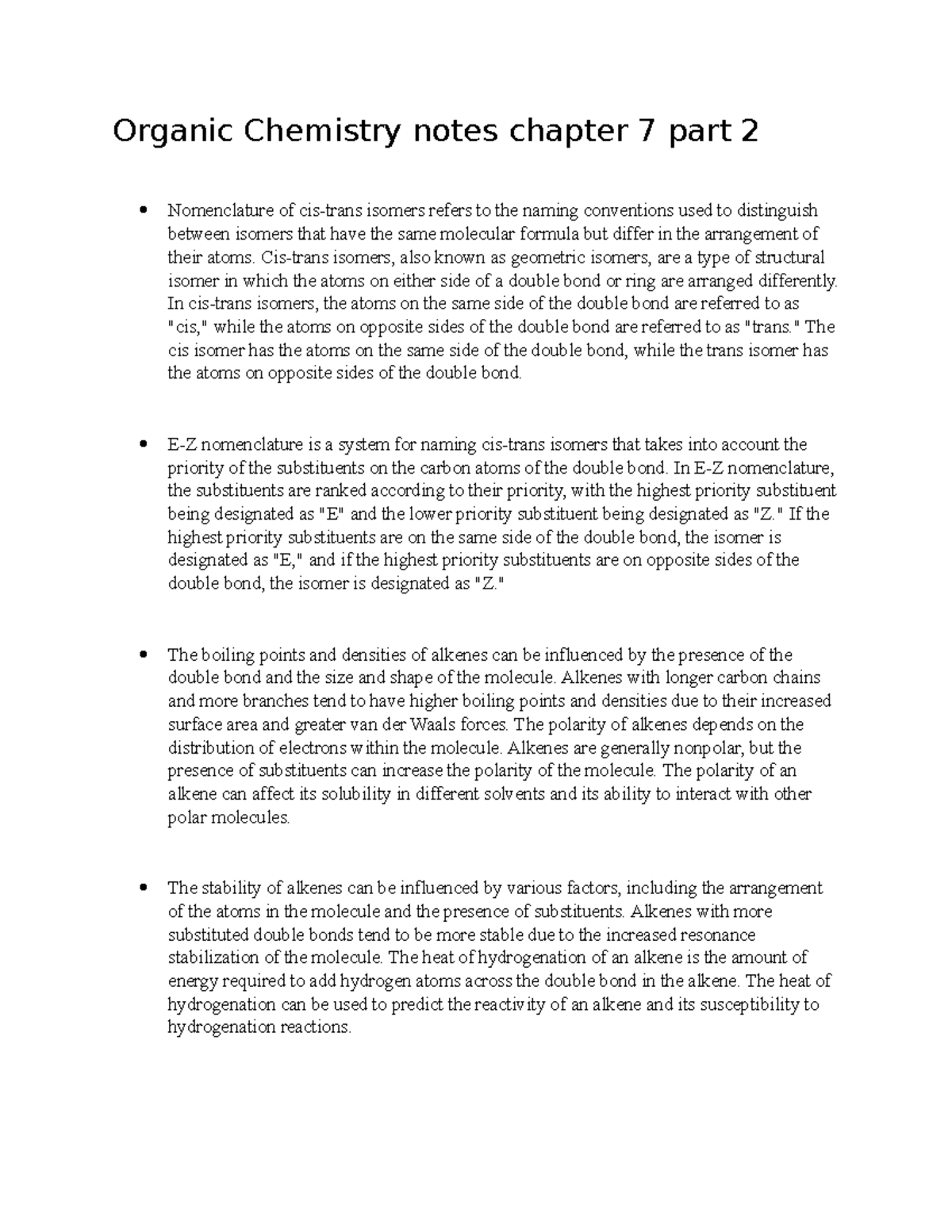 Organic Chemistry notes chapter 7 part 2 - Cis-trans isomers, also ...