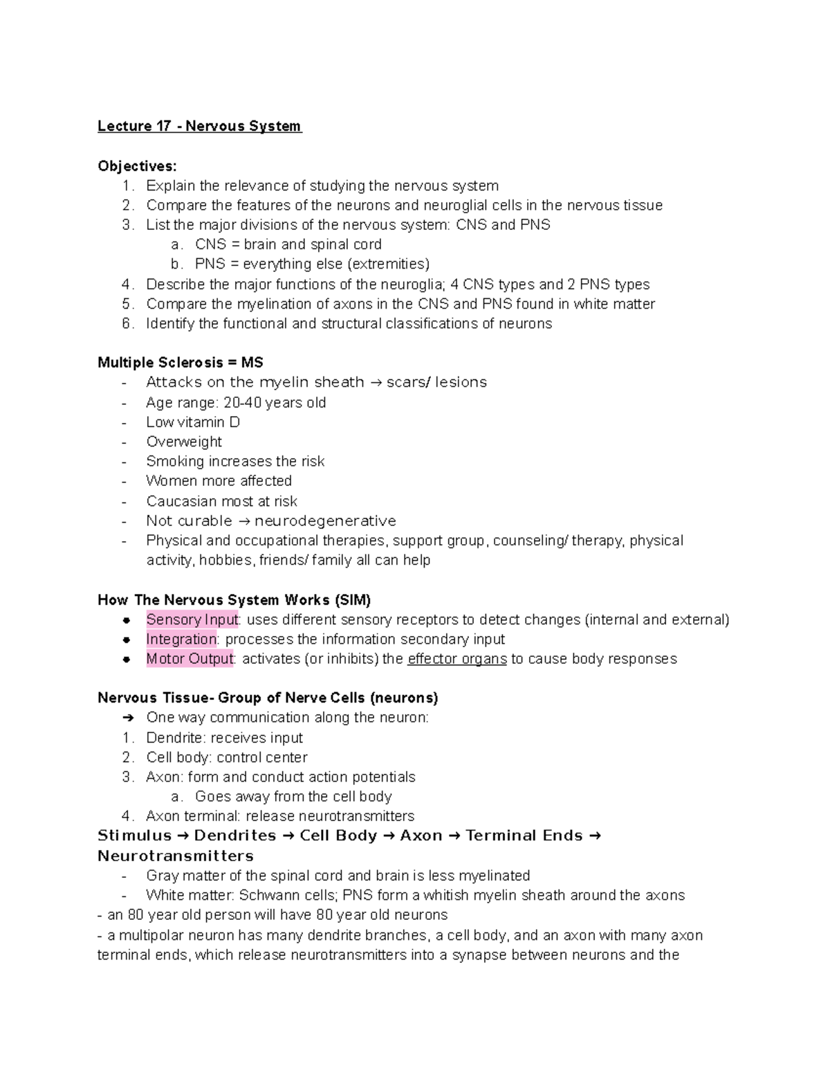BIO 232 Exam 3 (lecture 17) - Lecture 17 - Nervous System Objectives: 1 ...