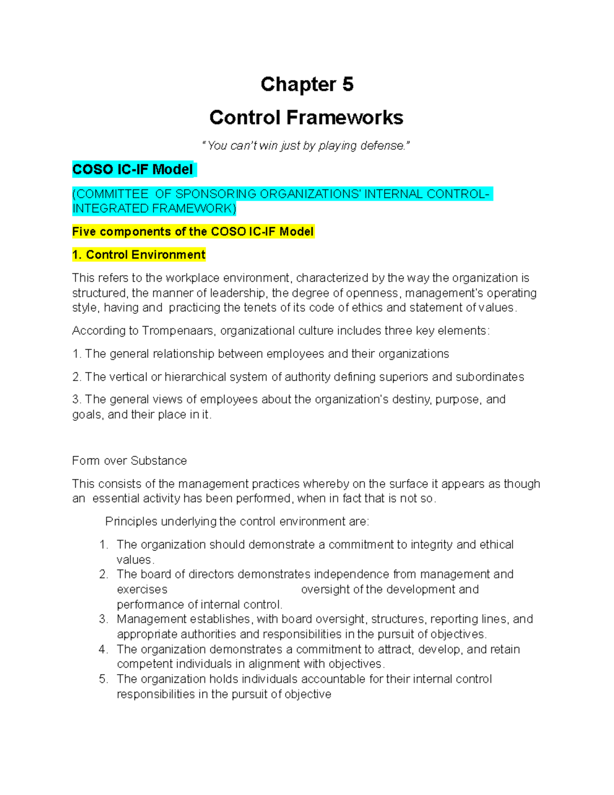 OA - Chapter 5 Summary - Control Frameworks - Chapter 5 Control Frameworks “You can’t win just ...