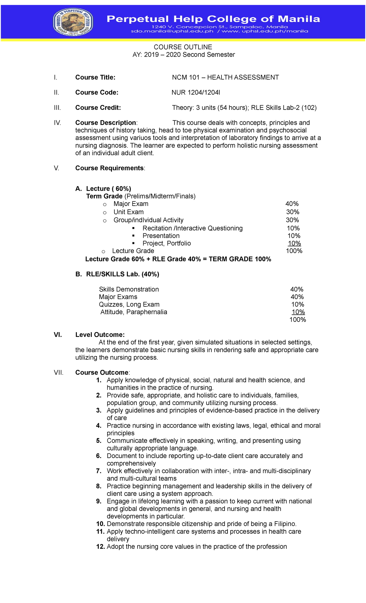 Course Outline HA 2023 - to gather idea on what health assessment is ...