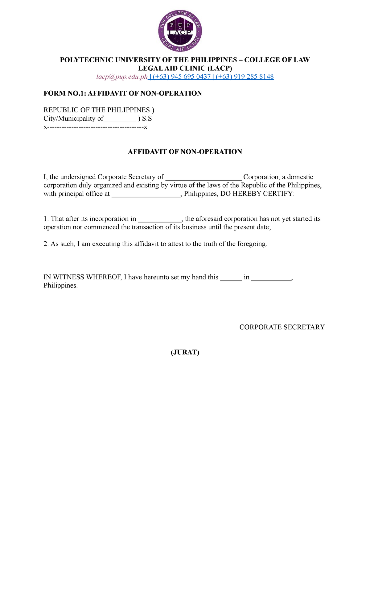Affidavit OF NON- Operation - POLYTECHNIC UNIVERSITY OF THE PHILIPPINES ...