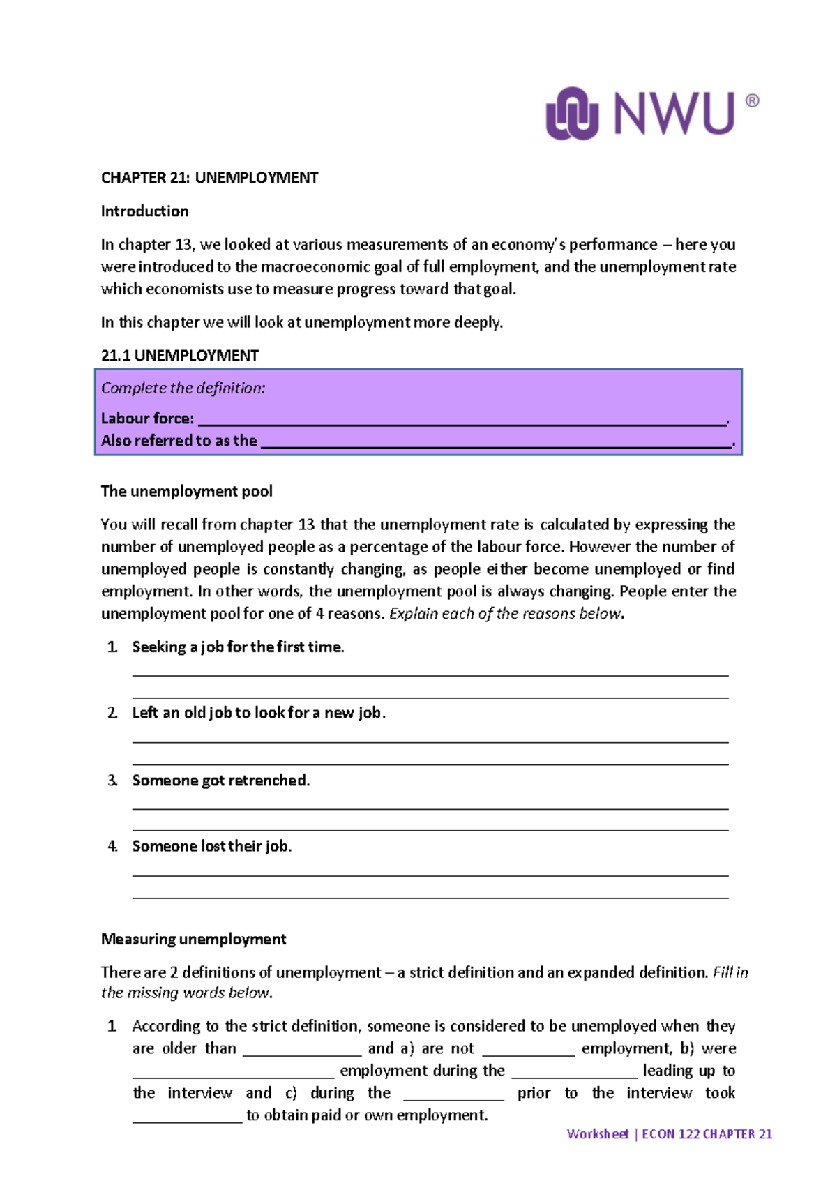 Chapter+21 Worksheet-1 - Complete the definition: Labour force: - Studocu