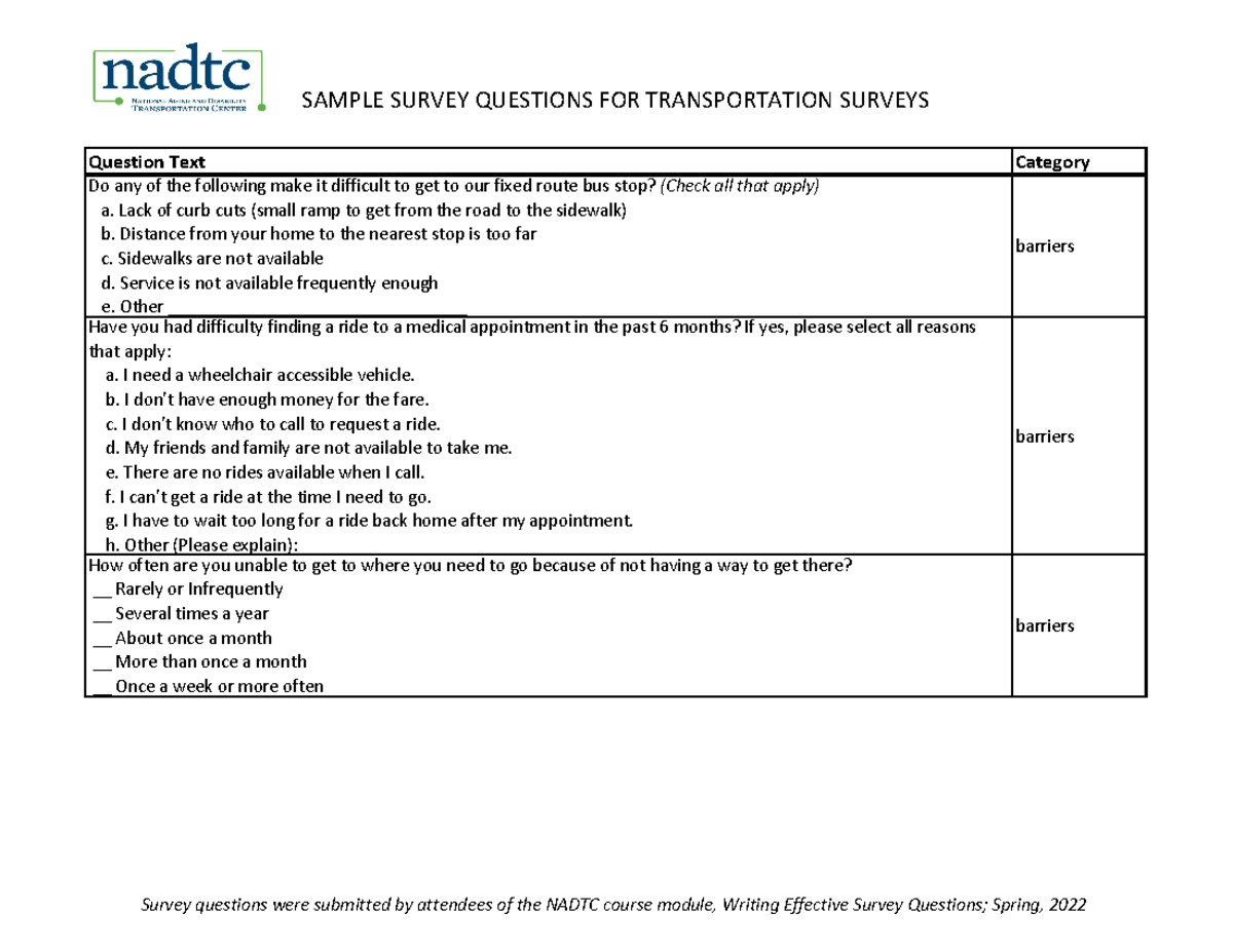 Transportation Survey Questions - SAMPLE SURVEY QUESTIONS FOR ...