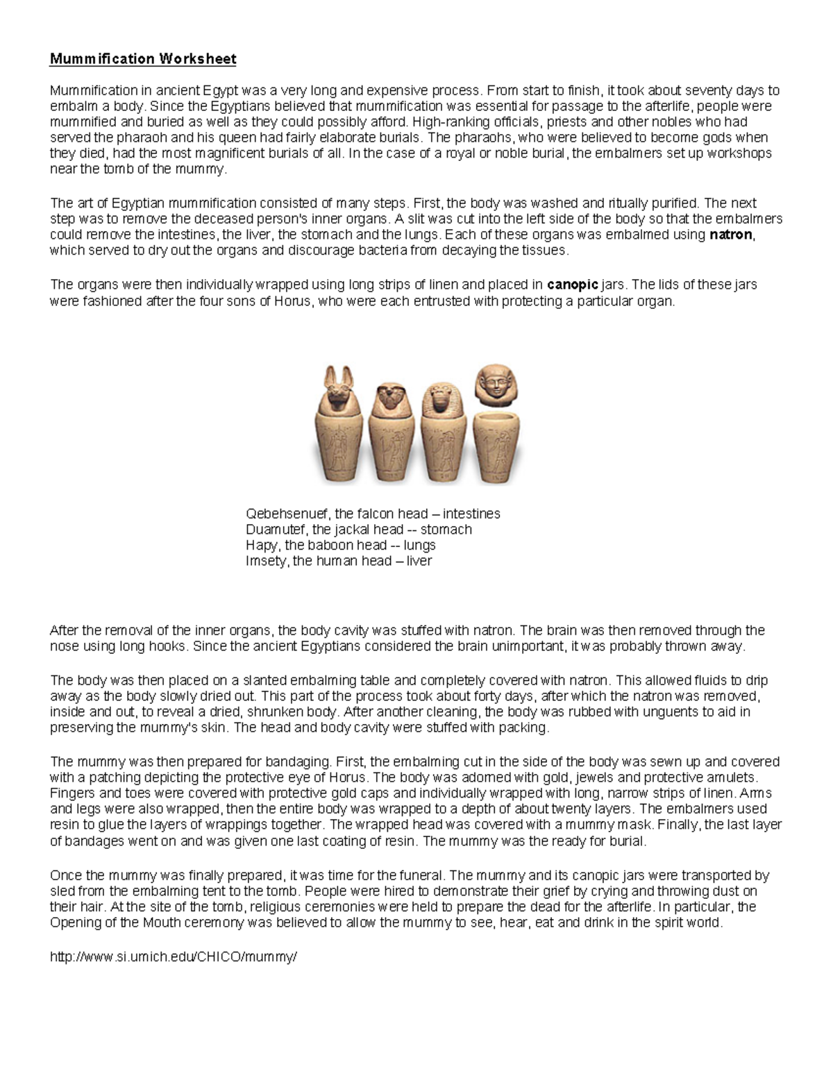Mummification worksheet - Mummification Worksheet Mummification in ...