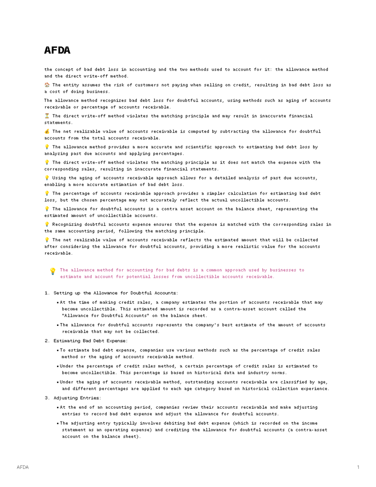 AFDA - Accounting for doubtful Accounts summary - AFDA 1 AFDA the ...