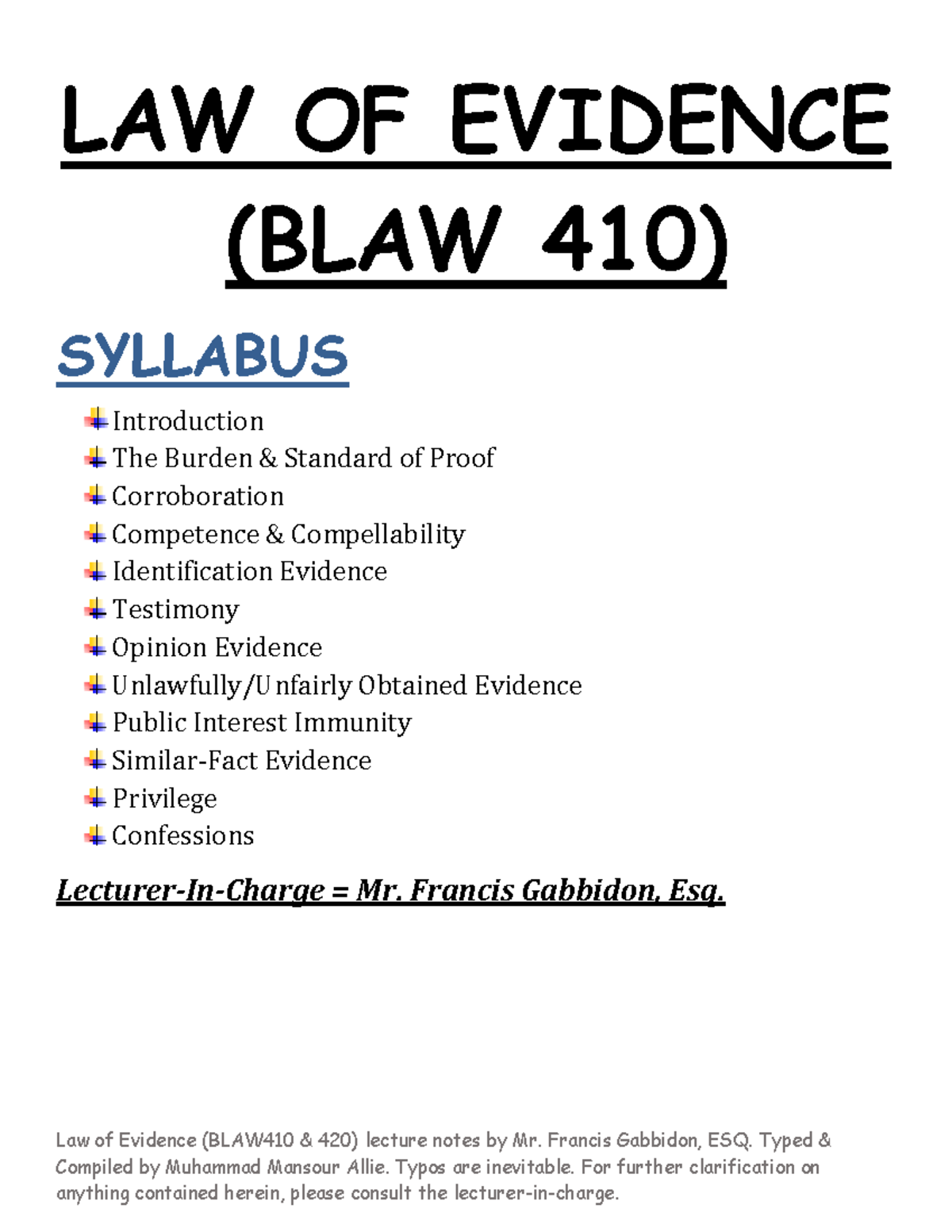 LAW OF Evidence (BLAW 411 & BLAW 421) - Law of Evidence (BLAW410 & 420 ...